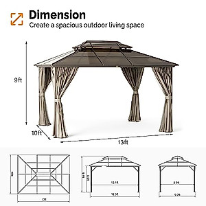 VINGLI 10’ x 13’ Outdoor Hardtop Gazebo Polycarbonate Double Roof Canopy Aluminum Frame Pavilion with Curtains and Netting Patio Gazebo