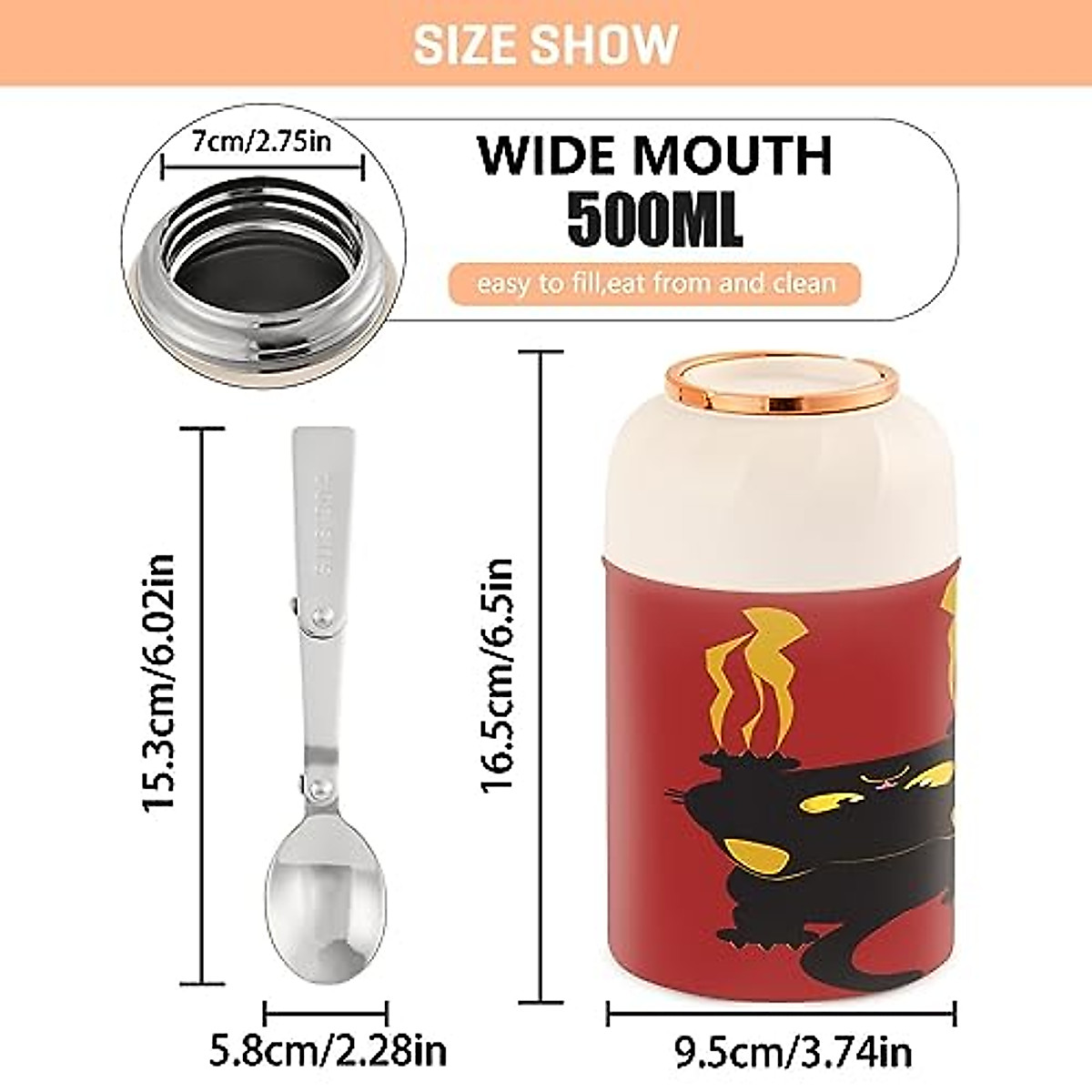 CUPADA Cat Scratch Surface Food Jar, Cute Cartoon Funny Insulated Hot Food Jars Vacuum 17OZ with Folding Spoon for Work Trip Picnic Camping