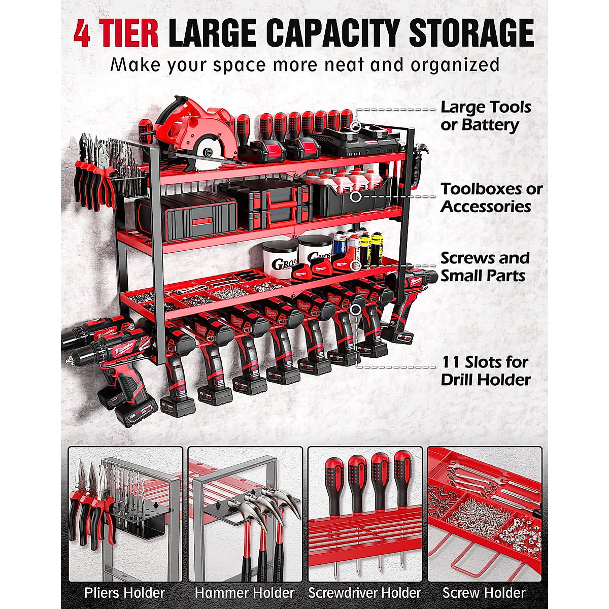 EACONPT Power Tool Organizer, 4 Layer Metal Tool Organizers and Storage, 11 Drill Holder Wall Mount, Power Tool Organizer Wall Mount, Heavy Duty Tool Organizer for Garage Storage, Gifts for Men, Red