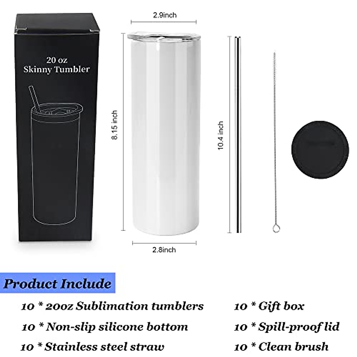 AGH 10pcs 20oz Flat Edge Sublimation Tumbler Blank, Sublimation Tumblers 20 oz Skinny Straight Cups with Individual Gift Box, Silicone Bottom, Stainless Steel Straw For Coffee Drinks