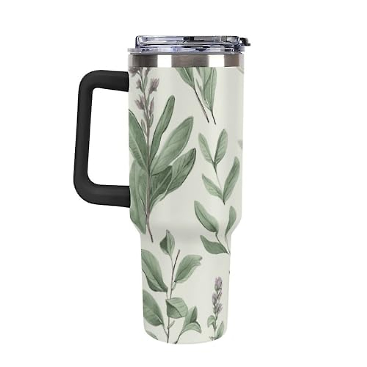 40 Oz Vacuum Tumbler with Black Handle Leakproof Insulated Tumbler Green Flower Herb Sage Leaves Stainless Steel Travel Mug with Lid And Straw Coffee Cup Cute Water Bottles Cup Holder Friendly
