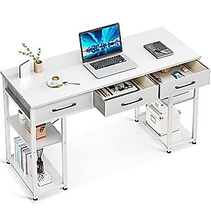 ODK Office Small Computer Desk: Home Table with Fabric Drawers & Storage Shelves, Modern Writing Desk, White, 48"x16"