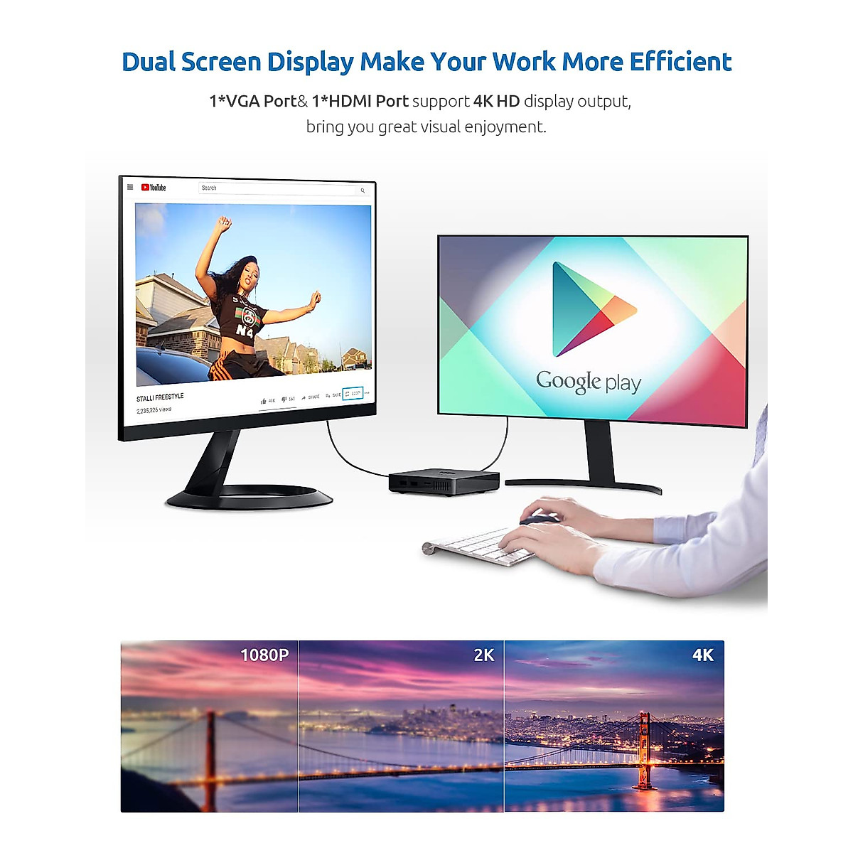 Mini PC Intel Celeron N3350(up to 2.4GHz) Windows 10 6GB RAM/64GB eMMC HDMI/VGA Port Support M.2_SATA_2280 SSD 4K HD Gigabit Ethernet 2.4G/5.0G Dual WiFi BT4.2 Micro PC