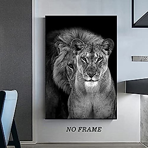 Lion and Lioness Canvas Wall Art Black and White Animal Pictures for Wall Decor Male and Female Lion Picture for Bedroom Modern Animal Canvas Print Wall Art Contemporary Decor for Home 16x24in No Frame