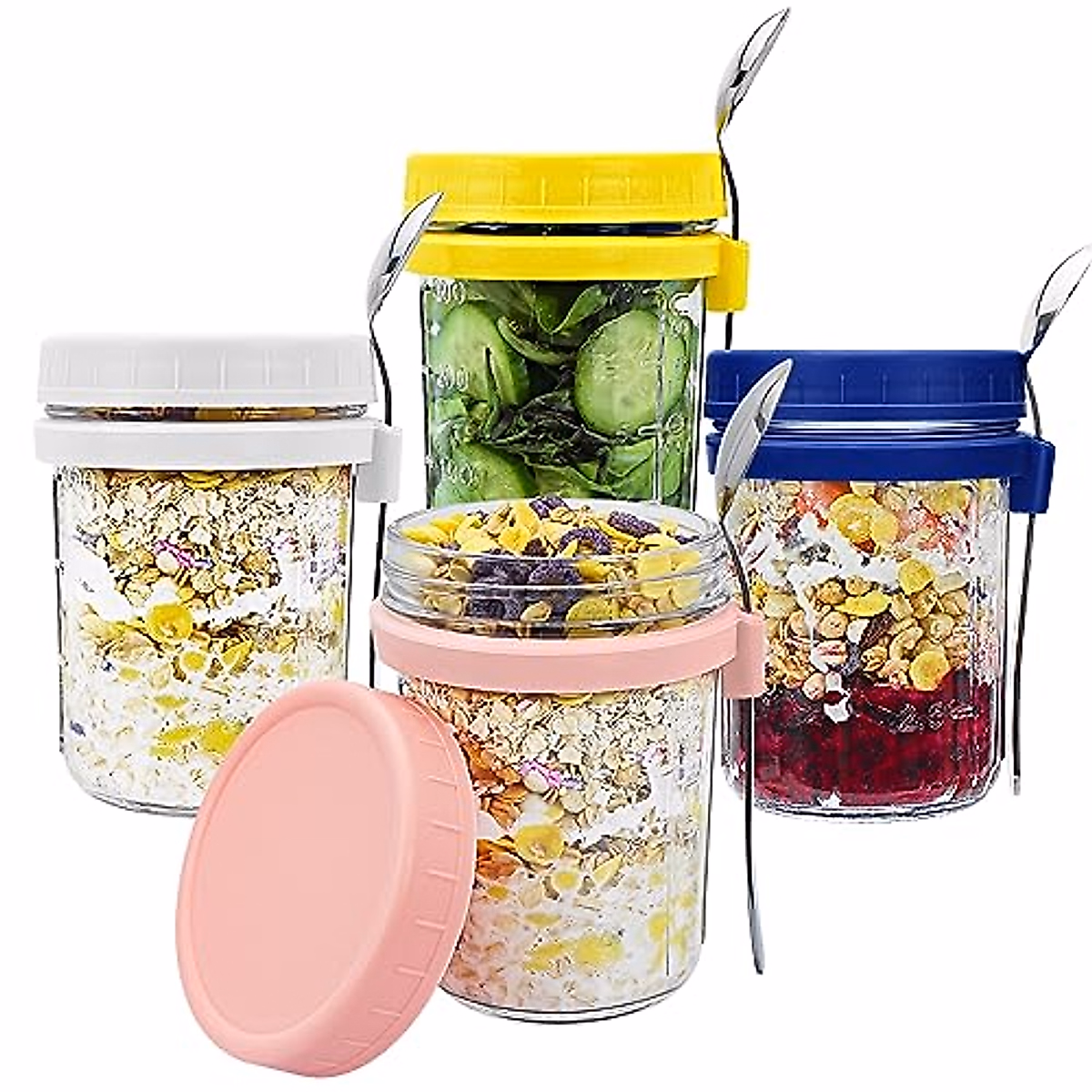 Overnight Oats Containers, 16 oz Overnight Oats Glass Jars with Lids and Spoon, 4Pack Airtight Overnight Oats Cup Wide Mouth Mason Jars for Yogurt,Cereal,Milk,Salad,Chia Pudding