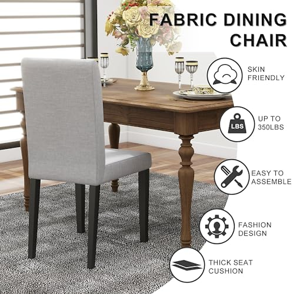 Fangflower Fabric Chair Set of 2 with Solid Wood Legs for Home Pertica, Dining Room, Kitchen, Light Grey, 2-Pcs Set