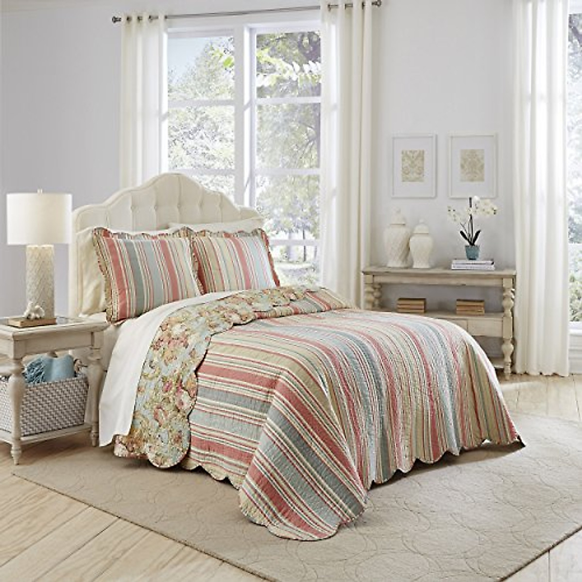 Waverly Spring Bling Modern Farmhouse Floral 3-Piece Reversible Quilt Bedding Bed Spread Set, Queen, Vapor & Spring Bling Valances for Windows Rod Pocket Curtains, 52" x 18", Vapor
