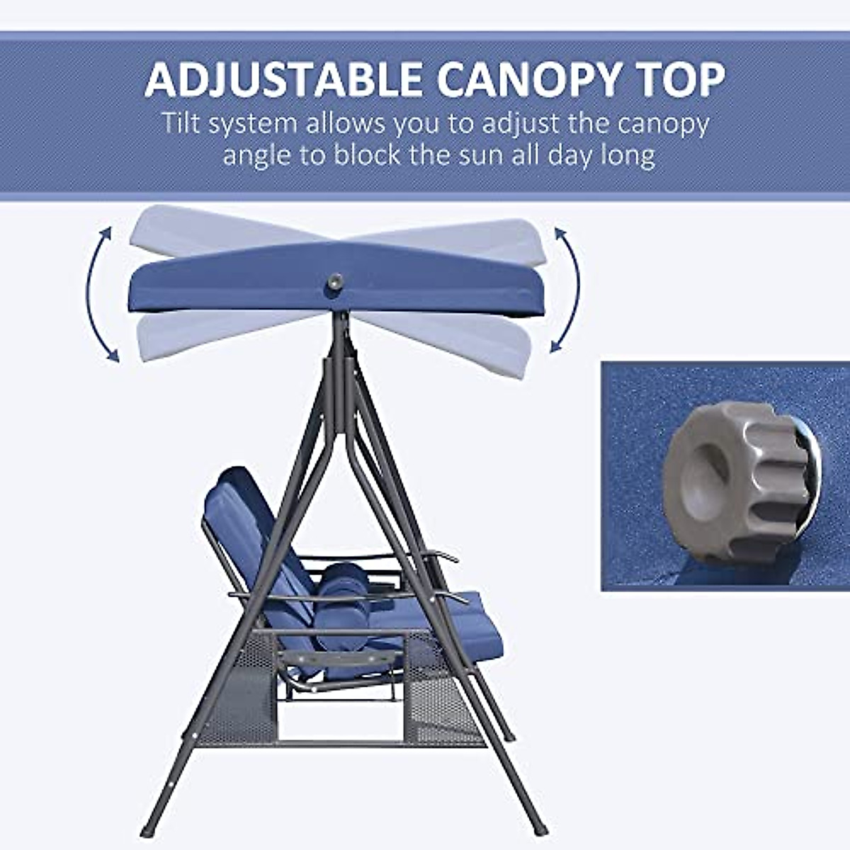 Outsunny 2 Seater Swing Chair, Garden Loveseat Swing Bench with Adjustable Canopy, Soft Cushions, Throw Pillows and Tray for Patio, Yard, Dark Blue