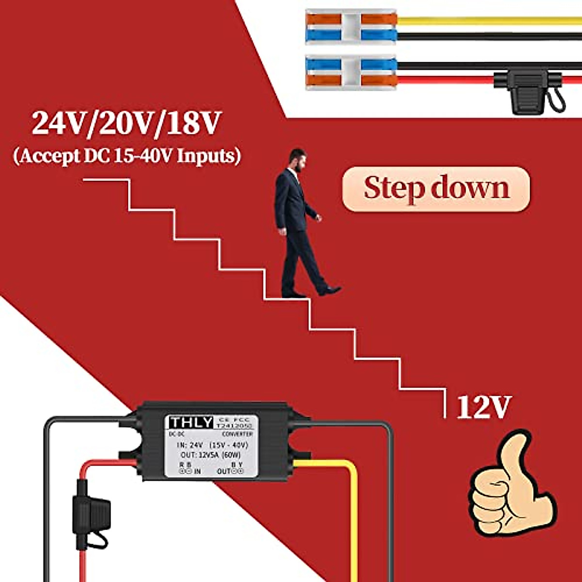 24V to 12V Converter with Fuse Waterproof and Wire Terminal Block, More Safe 18V to 12V Step Down Converter 5A 60W, DC to DC Converter for Golf Cart Light Truck Vehicle Boat (Accept DC 15-40V Inputs)