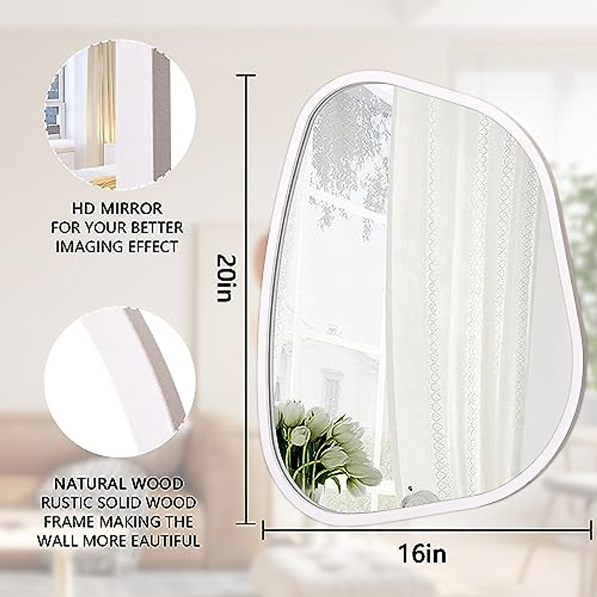 Irregular Oval Wall Mirror Large White 20"x16" Inches Asymmetrical Mirror Modern Wood Frame Unique Shape Wall Mounted Vanity Artistic Mirror Decor for Living Room Bedroom Bathroom Entryway Hallway