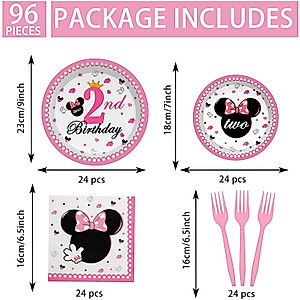 Mouse Birthday Party Supplies-96pcs Twodles Birthday Decorations girl Mouse Party Favors Pink Mouse Plates and Napkins Forks for Minnie Mouse Themed 2nd Birthday Party Decoration supplies