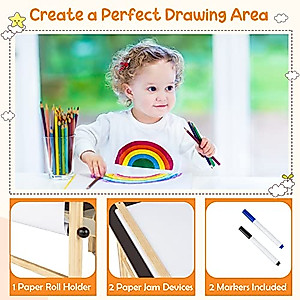 HONEY JOY Kids Art Table and Chair Set, Wooden Drawing Desk and 2 Stools w/Paper Roll, Open Shelf, Toddler Activity & Crafts Table w/Storage Bins, Children Furniture Set for Boys Girls Ages 3+