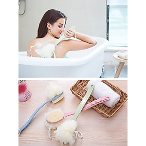 AARainbow 2 Packs Shower Body Brush with Bristles and Loofah, Back Scrubber Mesh Sponge with Curved Long Handle for Skin Exfoliating Bath, Massage Bristles Suitable for Men and Women (1Gray+1Pink)