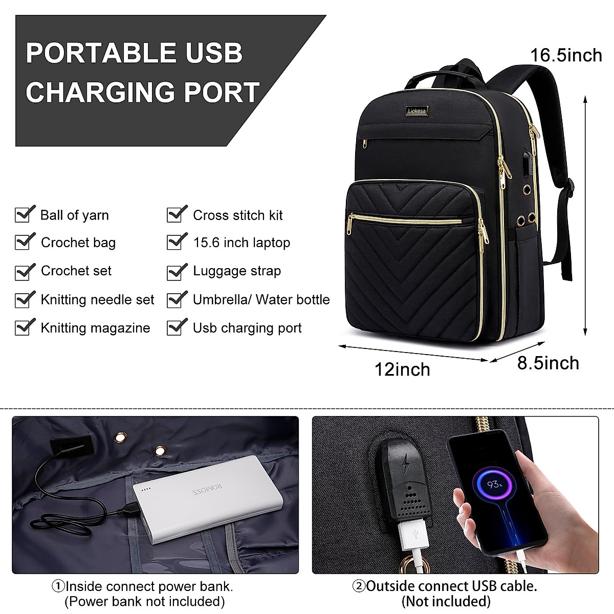 Knitting Bag Backpack, Crochet Bag Tote, Large Yarn Storage Tote Bag with USB Charging Port, Yarn Holder Case for Carrying Projects, Knitting Needles, Yarn Supplies, Black