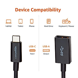 Amazon Basics USB 3.1 USB-C to USB-A Female Adapter Cable Converter, 5Gbps High-Speed, USB-IF Certified, for Laptops, Tablets, Phones (iPhone 16/15), Black