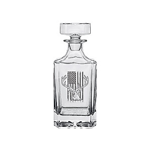 USA Flag Buck Hunting Whiskey Decanter With Glass Stopper Custom Gift For Men Dad Veteran Father's Day Deer Hunter
