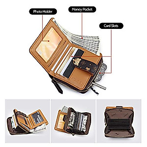 FOXLOVER Small Cute Wallets for Women, Ladies Vegan Leather Zipper Purses Credit Card Holders Womens Brand Signature Wallet (Brown1)