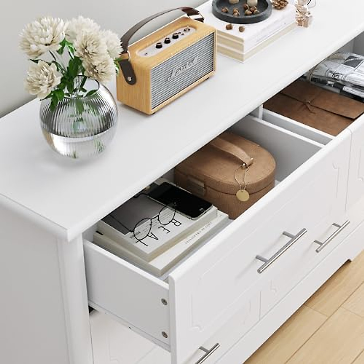 HOSATCK 6 Drawer Dresser, Modern White Double Dresser, Wide Chest of Drawers with Metal Handels, Accent Wood Storage Dresser Chest Organizers for Living Room, Hallway, Entryway (Trapezoid/White)