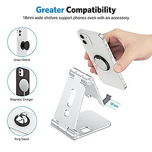 OMOTON Foldable Cell Phone Stand, C4 Portable Aluminum Phone Holder, Adjustable Phone Dock Cradle Compatible with iPhone 14/13/12/11 Pro Max, Samsung Galaxy, Small Tablets and Other Phones, Silver