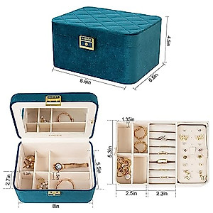 KAMIER Jewelry Box, 2 Layers PU Leather Jewelry Organizer Box, Large Capacity, Double Lock and Large Mirror, Hidden Necklace Hooks, Removable Dividers, Gift Box Packaging,Velvet Peacock Blue