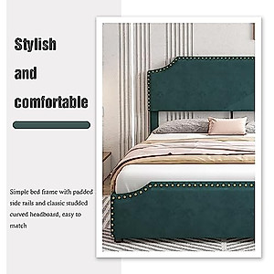 bzbbzc Queen Size Velvet Upholstered Platform Bed Frame with 4 Storage Drawers and Headboard, Rivet Curved Adjustable Headboard/Strong Wooden Slats/Easy Assembly/Green