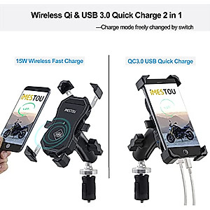 iMESTOU Motorcycle Fork Stem Wireless Qi/USB Phone Mount Charger with 1" Ball for 0.47"-1.18" Diameter Fits for Kawasaki, Ducati, Honda, BMW Motorcycles Quick Charge for 3.5"-6.8" Smartphones