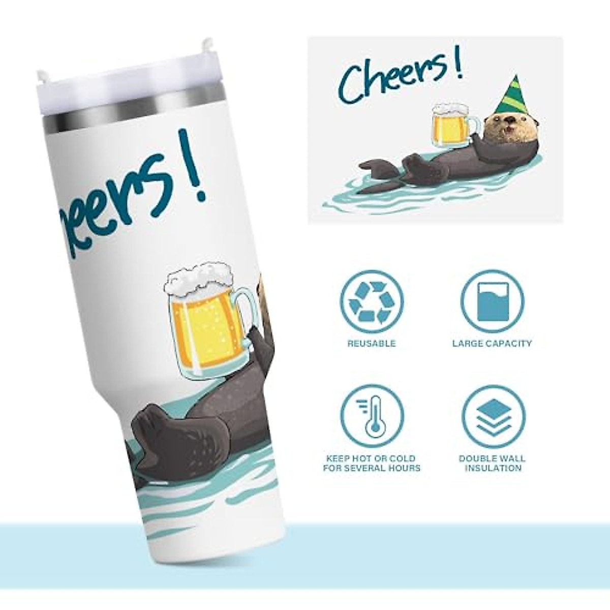 Exnundod 40 oz Tumbler with Handle Cute Otter Cheers Beer Insulated Stainless Steel Cup with Lid and Straw Travel Cup Leak-proof Fits in Car Cup Holder for Iced & Hot