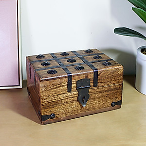 Nautical Cove Treasure Chest Wooden Box with Antique Iron Lock and Skeleton Key - Storage and Decor (Small 8 x 6 x 4.5)