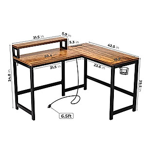 GreenForest L Shaped Desk with Power Outlets, 50.4 Inches Reversible Small Corner Computer Desk with Monitor Stand, Home Office Gaming Desk with Headphone Hook, Cup Holder, Walnut