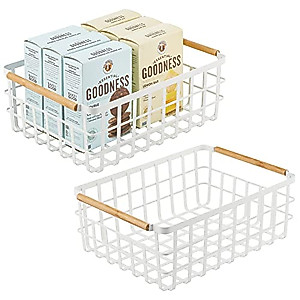 mDesign Metal Wire Storage Organizer Basket with Bamboo Wood Handles for Kitchen Pantry, Rustic Farmhouse Bin to Store Fruit, Coffee, Spices, Supplies, Yami Collection, 2 Pack, Matte White/Natural/Tan