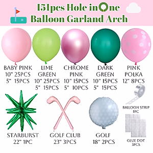 Enanal Hole in One Balloon Garland Arch Kit, 153pcs Pink Green Balloons with Star Golf Clubs and Golf Foil Balloons for First Birthday Decoration Golf Party Girls Birthday Baby Shower Supplies