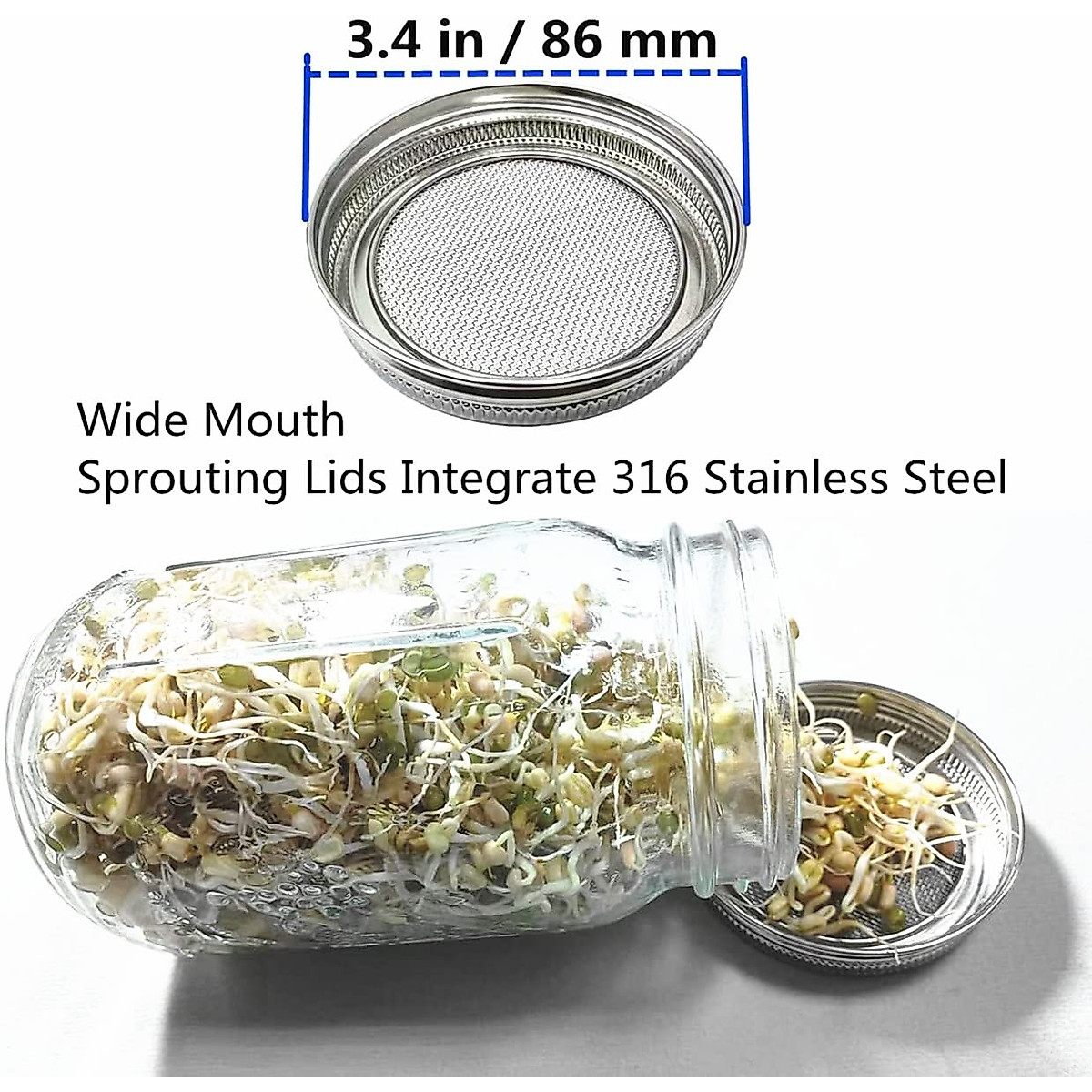 Mesh Strainer Sprouting Lids 316 Stainless Steel for Wide Mouth Mason Jars Canning Seed Sprouting Alfalfa Salad Sprouts Lid 4 Pack