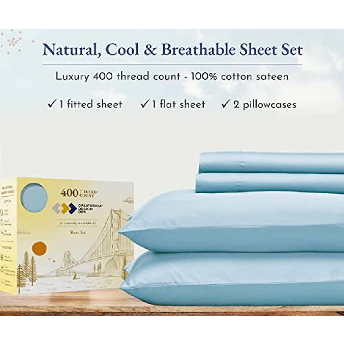 California Design Den 100% Cotton Sheets - Softest 4-Pc Queen Sheet Set, Cooling Sheets for Queen Size Bed, Deep Pockets, 400 Thread Count Sateen, Bedding Sheets & Pillowcases, Queen Sheets (Sky Blue)
