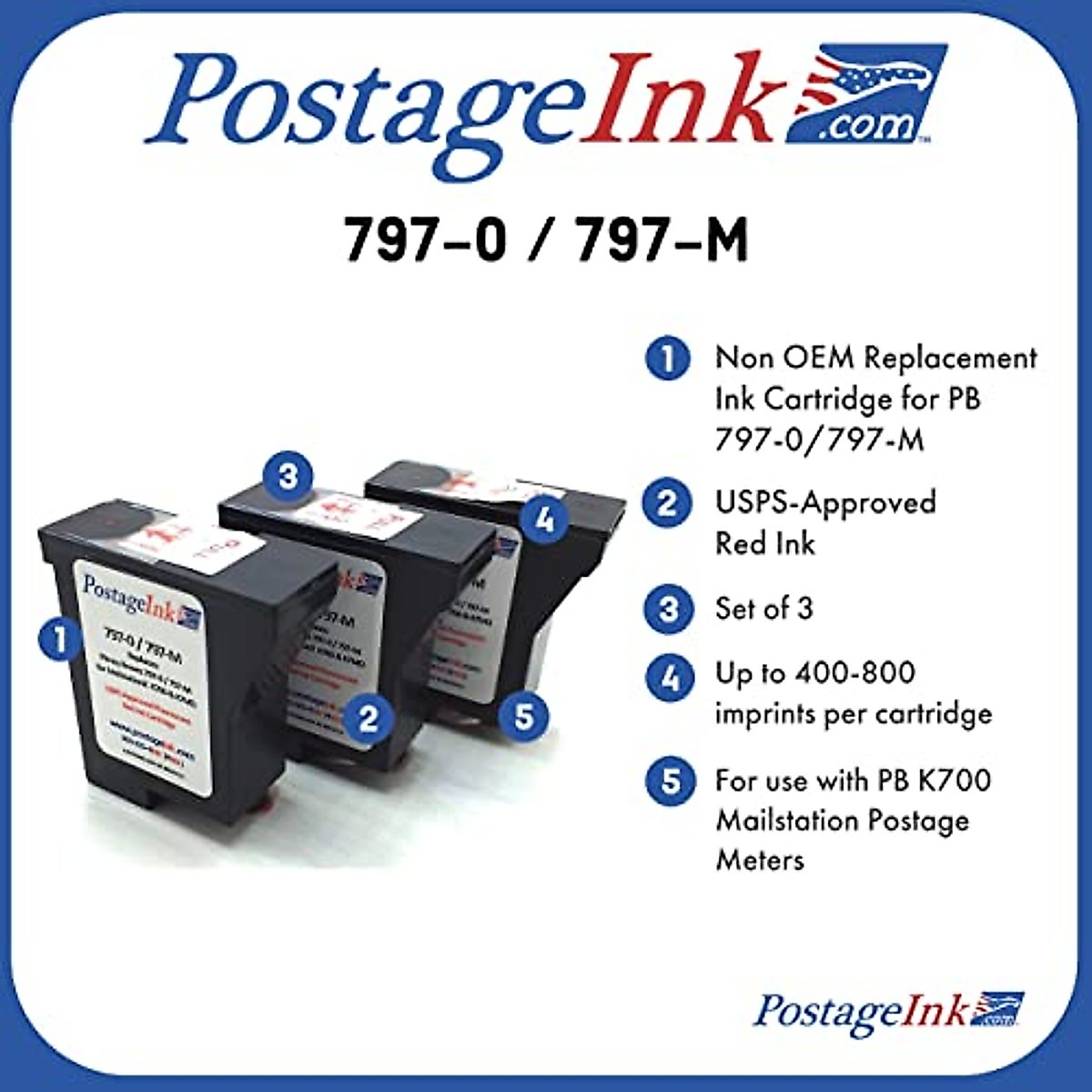 PostageInk.com 797-0 Ink Cartridge Replacement for use with mailstation (K700) and mailstation 2 (K7M0) Postage Meters, Set of 3