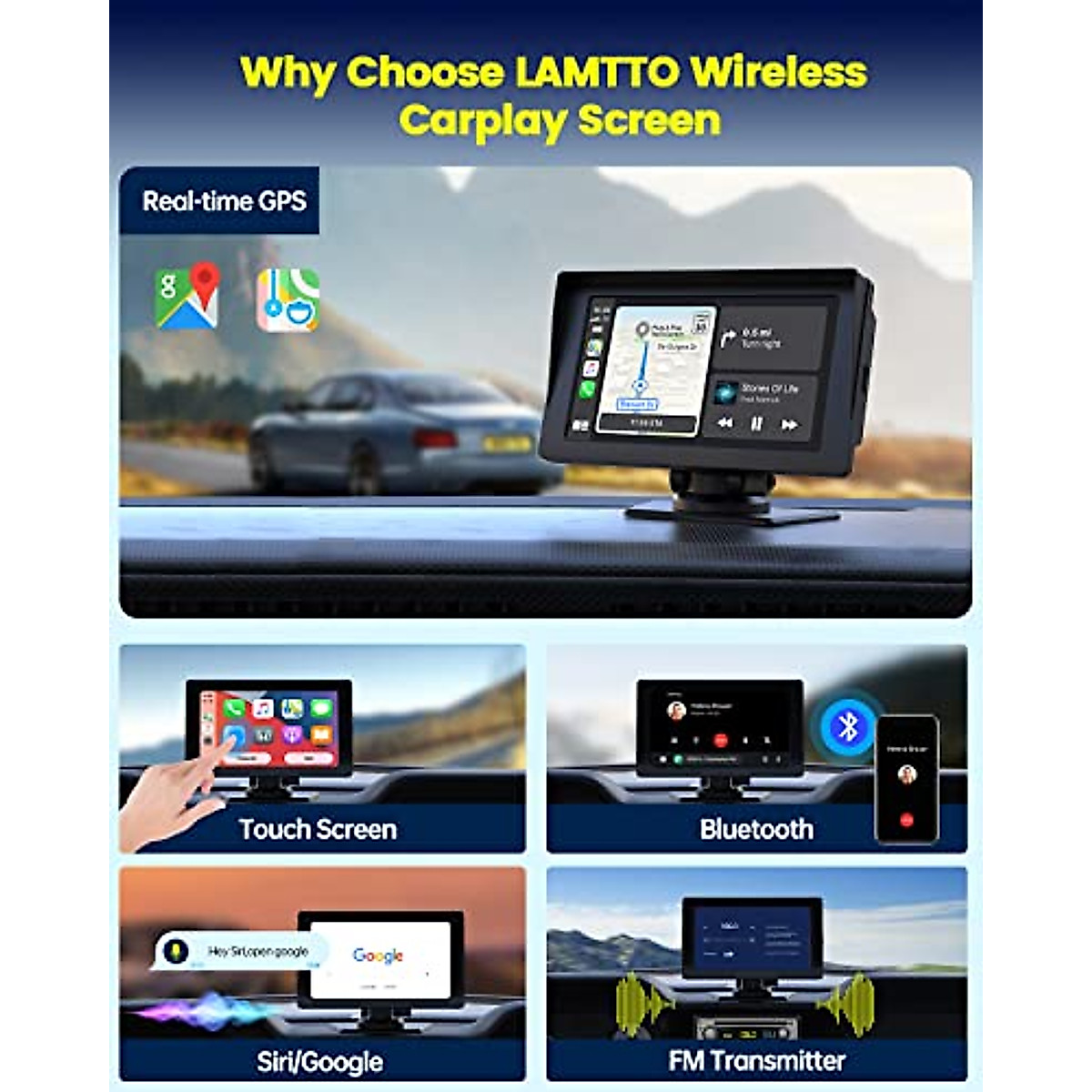 Wireless Apple Carplay & Android Auto for Car Stereo, Portable 7 Inch Apple Car Play Touch Screen Sync GPS Navigation Audio Car Radio Receiver for Car, Bluetooth, Siri, Multimedia Player, FM