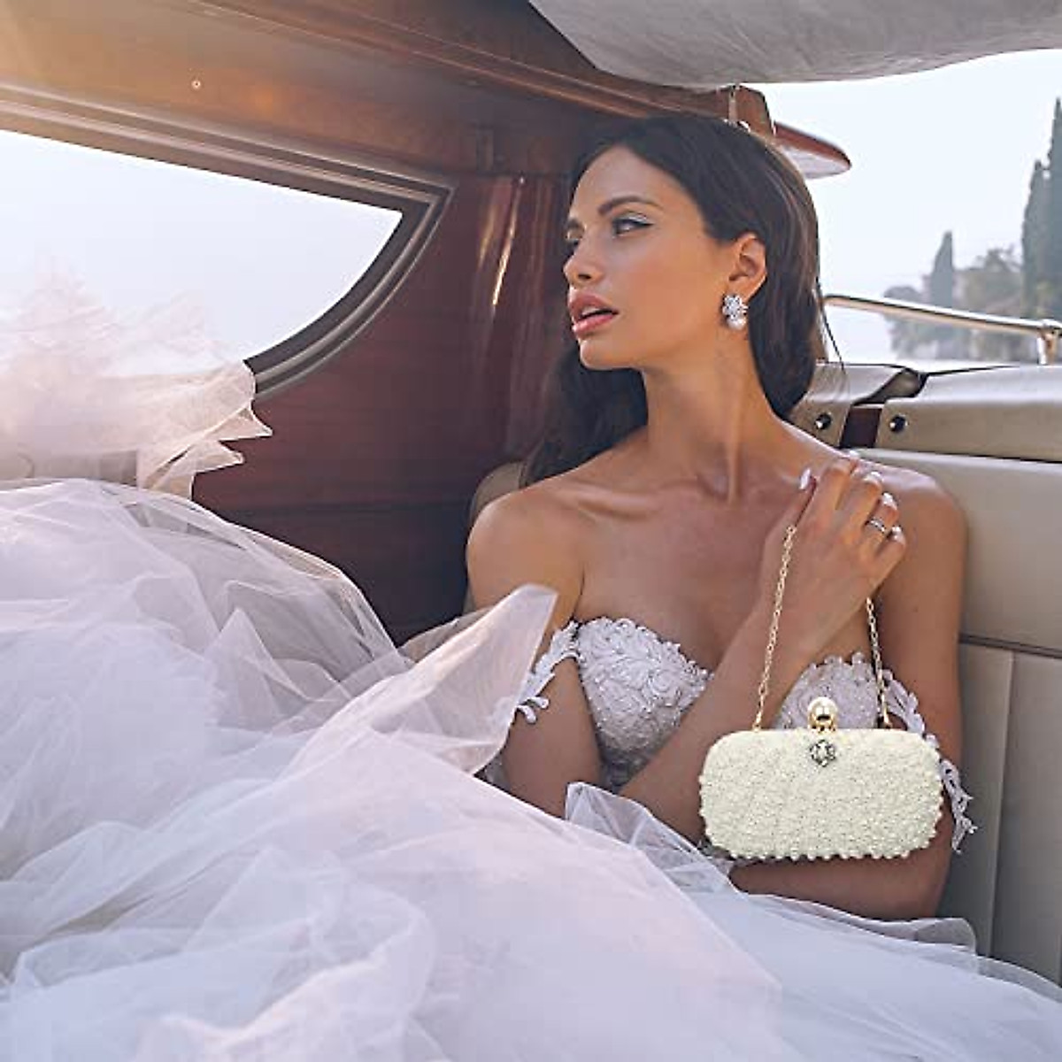 Tanpell Women's Pearl Evening Bags Rhinestone Beaded Clutch Purses for Wedding Bridal Handbag Ladies Prom Cocktail Party Purse (Beige-3)