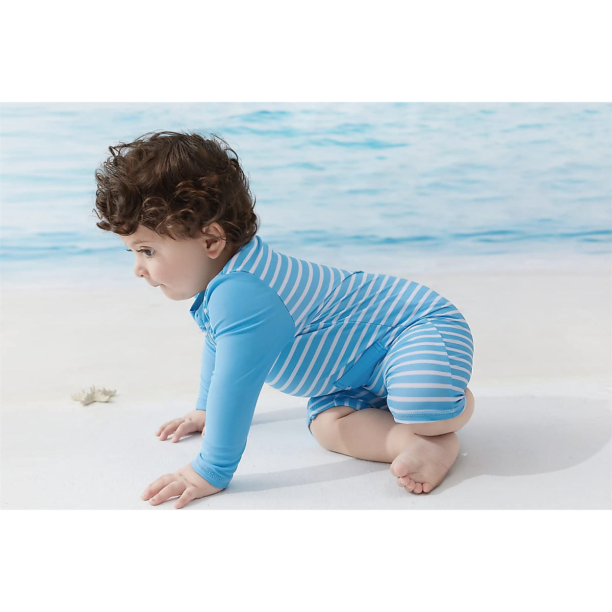UMELOK Infant Swimwear Boy One Piece Full Zip with Long Sleeve UPF 50+ Sun Protection Swimsuit Sky Blue-Stripe,6M