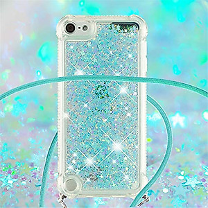 iPod Touch 7 Case, Touch 6 Case, Touch 5 Case, Gift_Source Bling Liquid Glitter Flowing Case Soft Silicone Cover Shell with Neck Strap Lanyard for iPod Touch 5th/6th/7th Generation [Silver Blue Star]
