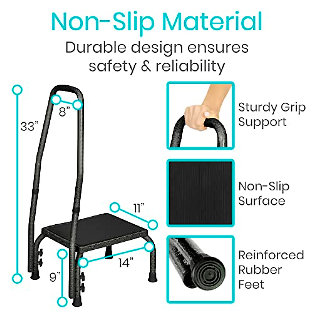 Vive Step Stool with Handle for Elderly and Adults - Bariatric Heavy Duty Footstool Riser for Kids - Platform with Handrail for Kitchen, Bedroom, Bathroom - Portable, Lightweight Step for Senior