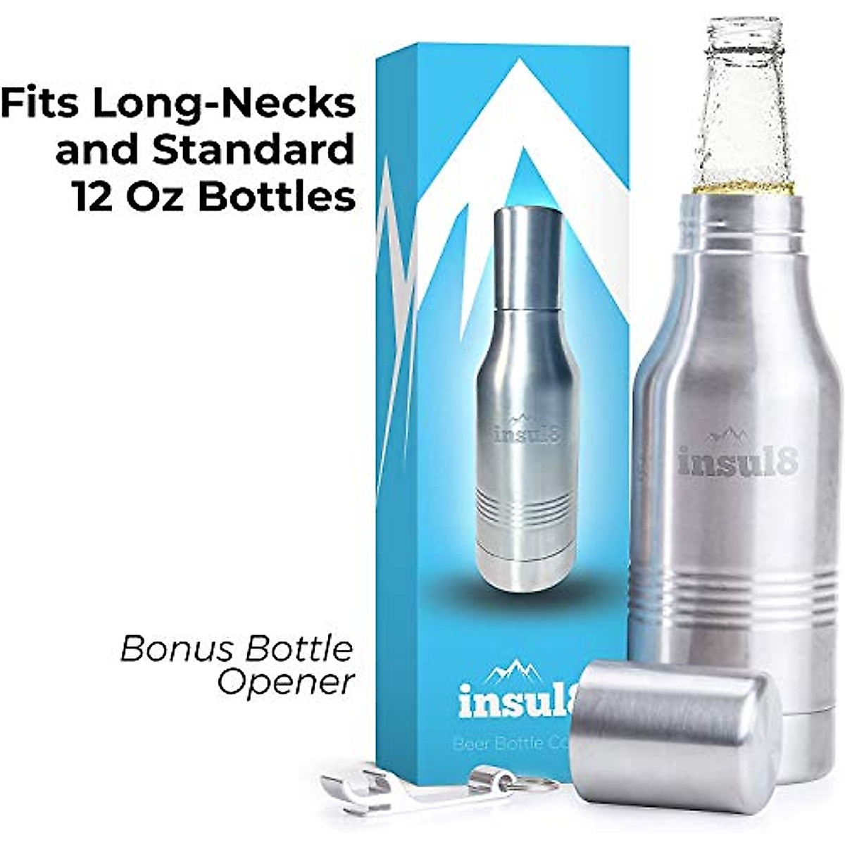 The Original Insul8 Beer Bottle Cooler | Double Wall Insulated Beer Bottle Holder Stainless Steel Fits 12 oz. Long-Neck and Standard Bottles | Bonus Bottle Opener Keyring and Gift Box
