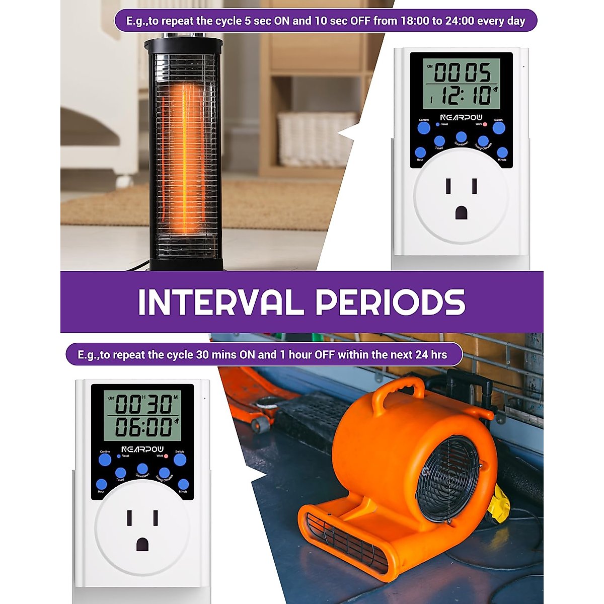 Timer Outlet, Nearpow Multifunctional Infinite Cycle Programmable Plug-in Digital Timer Switch with 3-Prong Outlet for Appliances, 15A/1800W