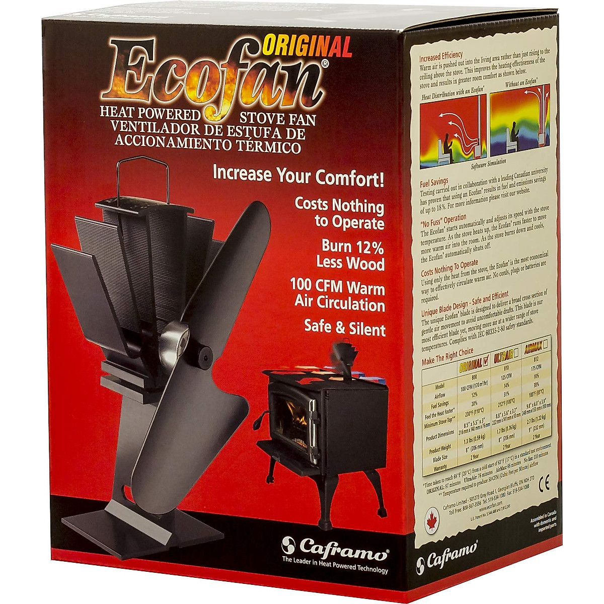 Ecofan® Original, Classic Styled, Heat Powered Wood Stove Fan, 100CFM, 800CAXBX, 7.9" Blade, Black