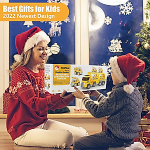 BASPOJO Construction Truck Toys for 3 4 5 6 Year Old Boys, 5-in-1 Friction Power Toy for Kids 3-5, Carrier Truck Cars for Toddlers 1-3, Kids Toys Set for Age 3-9, for 3+