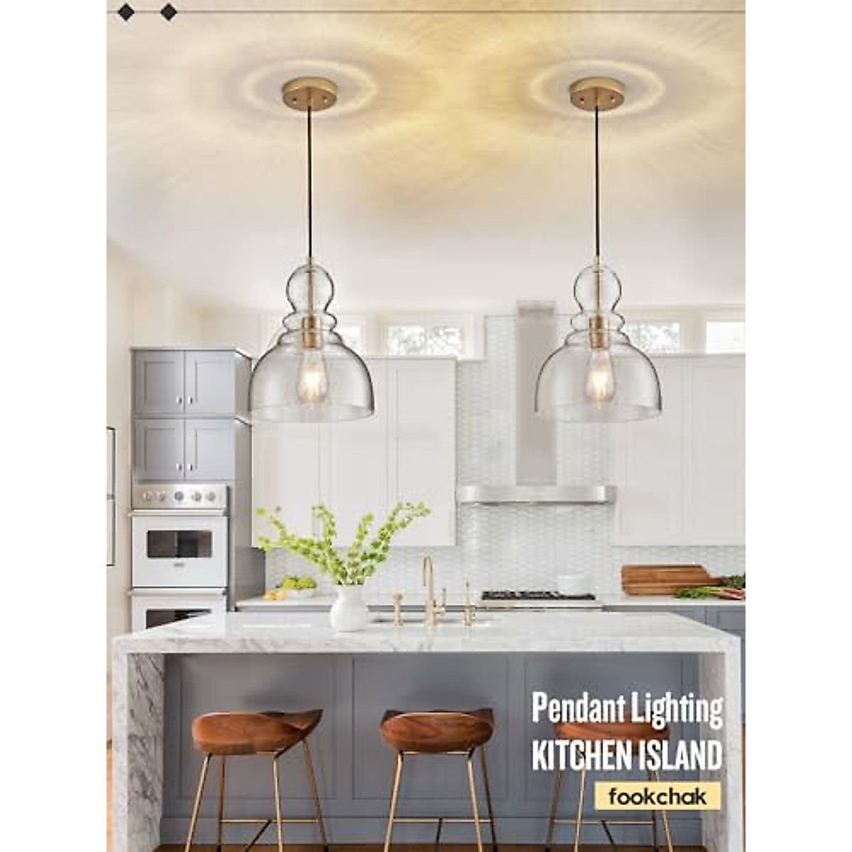 FookChak Gold Pendant Light, Modern Glass Pendant Lighting Over Table 10inch Large Brass Ceiling Haning Light Fixture for Kitchen Island Kitchen Sink Dining Room Hallway Entrance, 1-Light E26