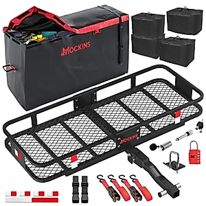 Mockins 48"x18"x6" Heavy Duty Trailer Hitch Cargo Carrier & 15CuFt Waterproof Cargo Bag for Hitch Carrier w/ 4 Packing Cubes | Folding Luggage Rack for SUV/Car & Cargo Carrier Hitch Mount Accessories