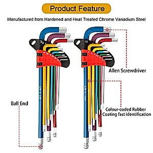 X5ive 18-Piece Hex Key allen wrenchs sets, Long Arm Ball End Allen Wrench Set, Durable Color Hex L-Wrench Tools, T-Handle 1.5mm-10mm, 1/16-3/8 for Household DIY