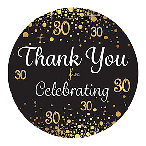 Black and Gold 30th Birthday Thank You Stickers - 1.75 in - 40 Labels