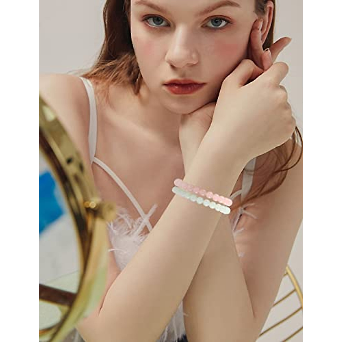 Neovivi 20pcs Beaded Crystal Bracelets for Women and Girls, Stackable Stretch Elastic Bohemian Round Stone Glass Bead Bracelet Jewelry Pack Sets Bulk Wholesale Pink Blue Yellow White Red Black…