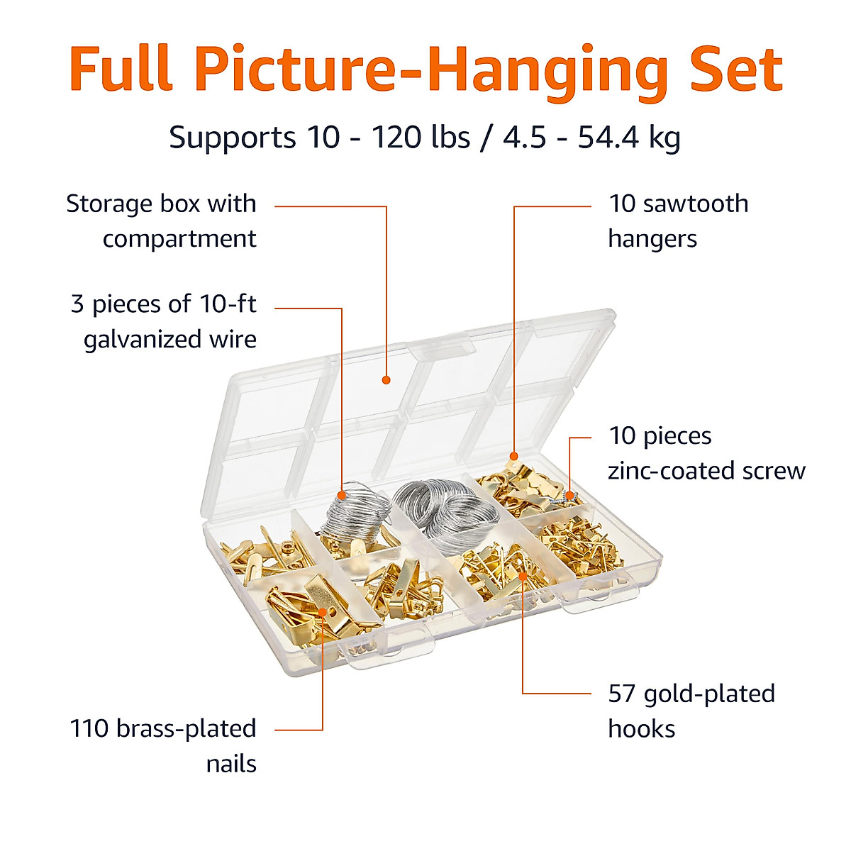 Amazon Basics Picture Hanging Assortment Kit, Brass, 220 Piece Set