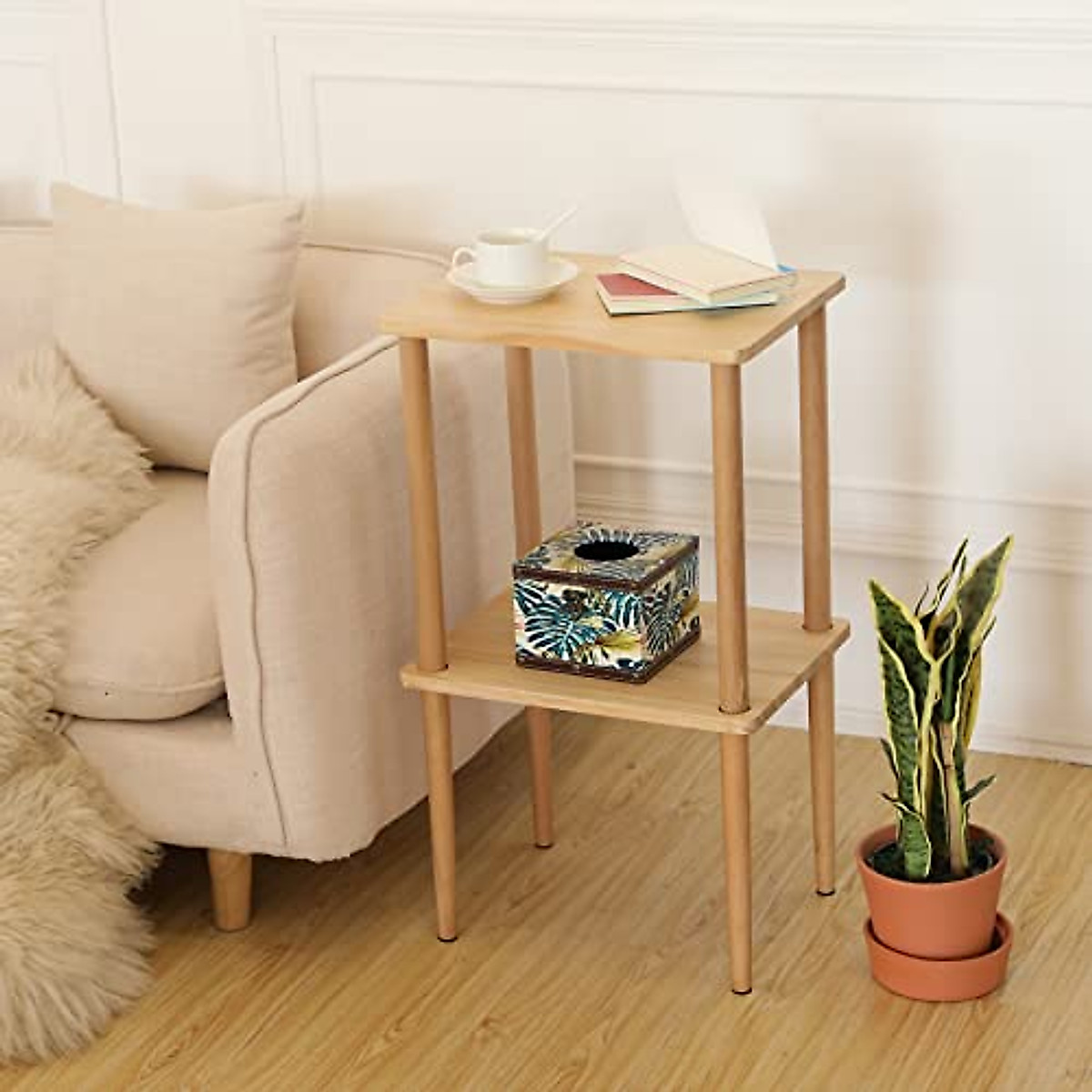 exilot Solid Wood Side Table, 2-Tier End Table with Storage Shelves, Tall Nightstand Bedside Table for Living Room Bedroom Office No-Tool Assembly